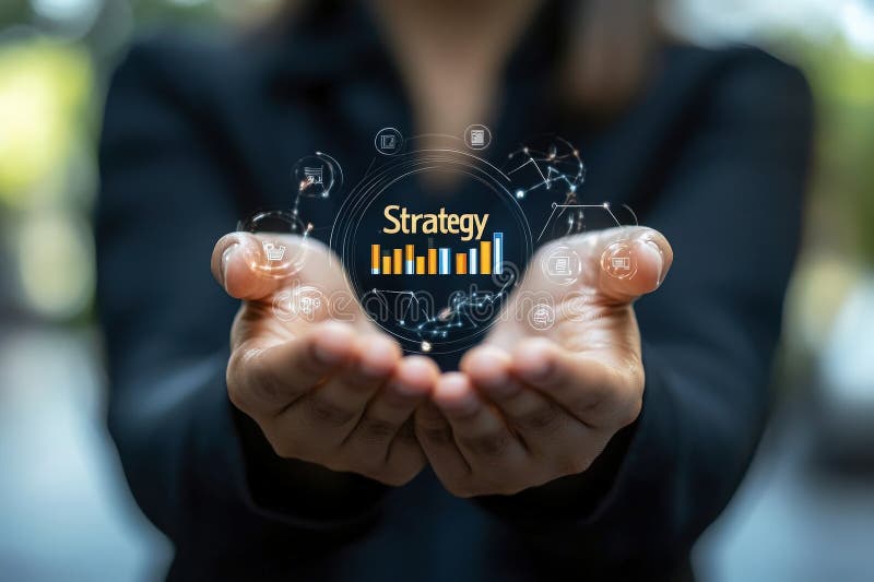 Consultant Presenting Virtual Strategy Icons in a Professional Setting ...