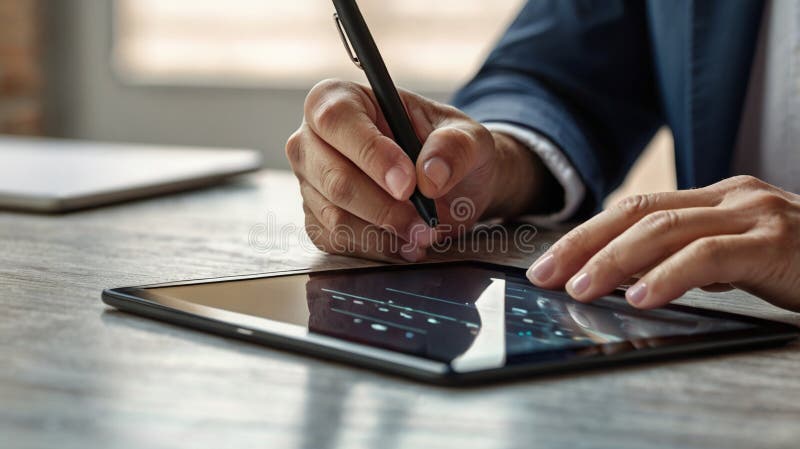 Consultant Using Stylus on Tablet for Digital Work Stock Illustration ...