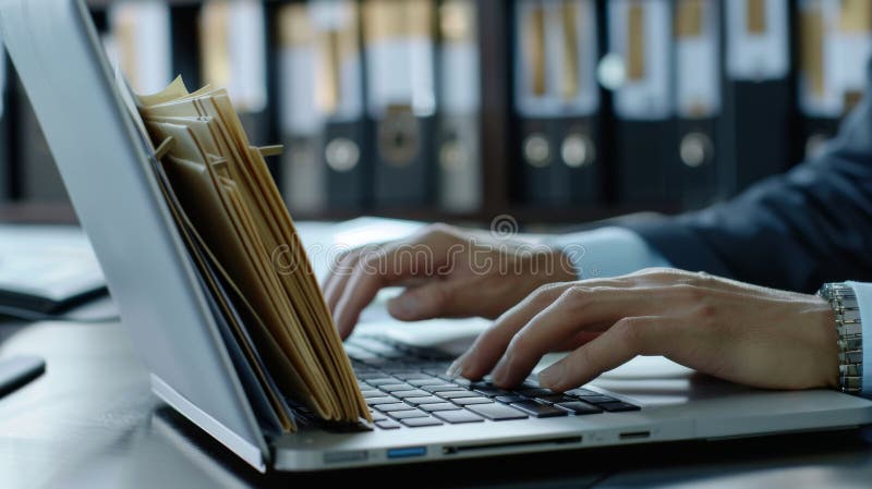 It Consultant Working on Laptop Computer Setting Up Document Management ...