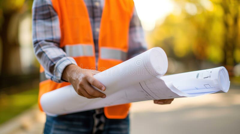 Consulting Engineer Holding Blueprints at a Construction Site. Stock ...