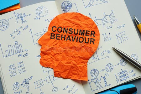 Consumer Behaviour Sign on a Paper Head and Open Notepad with Marks ...