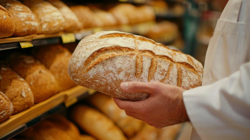 Consumer Selecting a Fresh Loaf of Bread in a Grocery Store with Ample ...