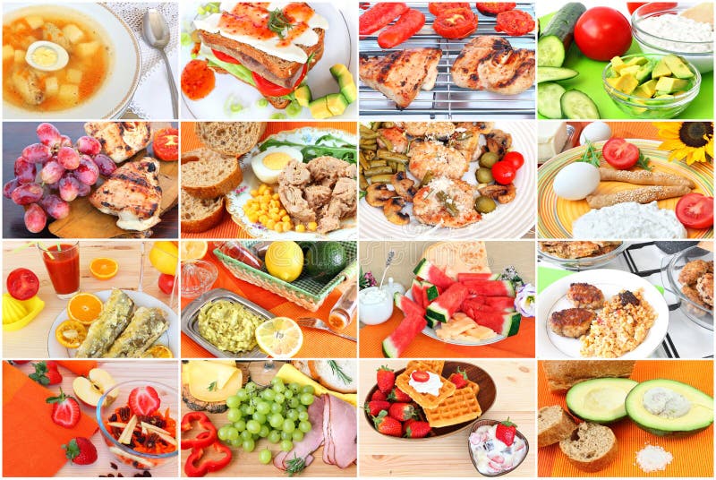 Collage De Diversas Comidas Con La Carne Y El Pollo Foto de archivo ...