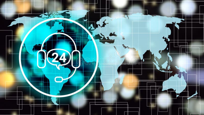 Contact 24 Hours or Costumer Support Icon Blend on World Map and Night ...
