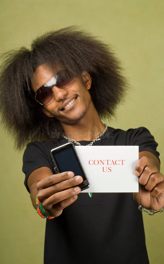 Contact Us stock photo. Image of pose, person, card, african - 10656198