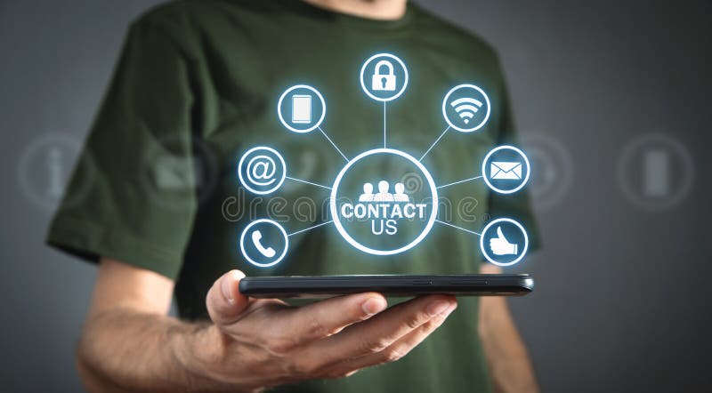 Contact Us Concept with a Man Holding Smartphone. Customer Support ...