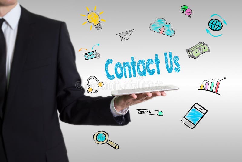 Contact Us Concept with Young Man Holding a Tablet Computer Stock Image ...
