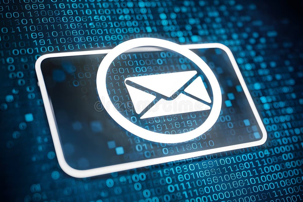 Contact Us Icon on Digital Device with Blue Background and Binary Code Pattern Stock ...