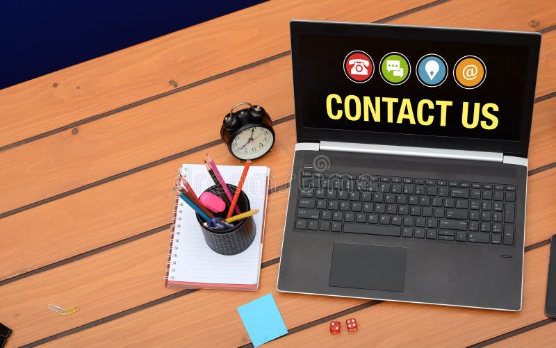 Contact Us Theme with Laptop Screen on Wooden Background Stock Image ...