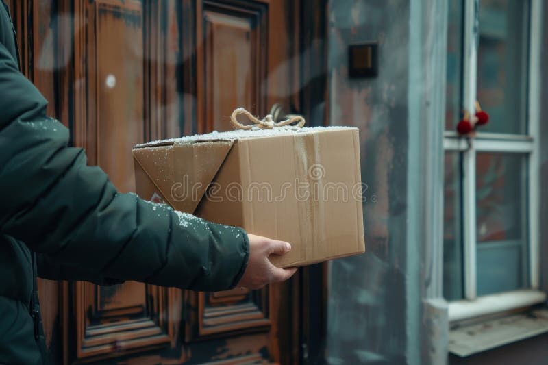 Contactless Delivery. Hands Holding Package Near Front Doorstep for ...