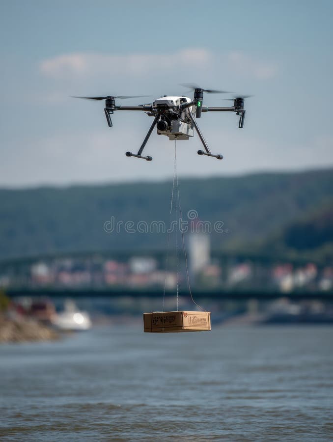 Contactless Drone Drop Delivering Parcel Over River Landscape with ...