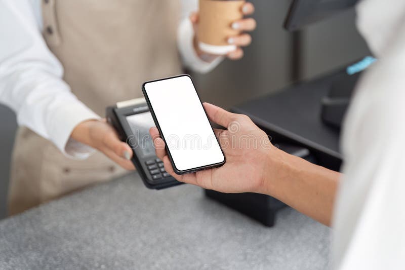 Contactless Payment with Smartphone at Coffee Shop Counter Stock Image ...