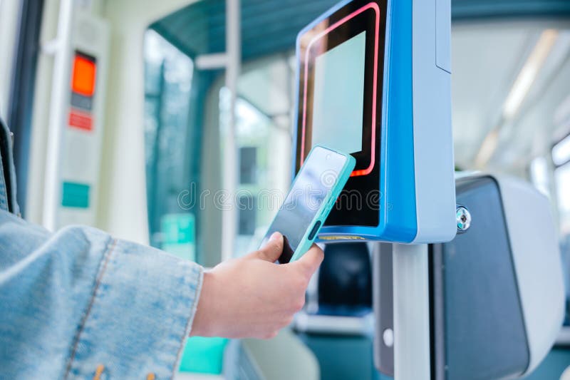 Contactless Payment with Smartphone on Public Transport Validator Stock ...