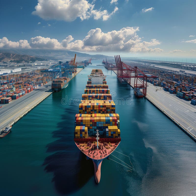 Container Cargo Freight Ship on Canal Stock Illustration - Illustration ...