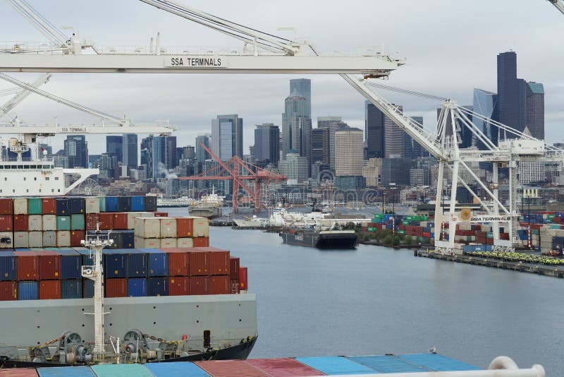Container Cargo Freight Ship in the Container Terminal with Gantry ...