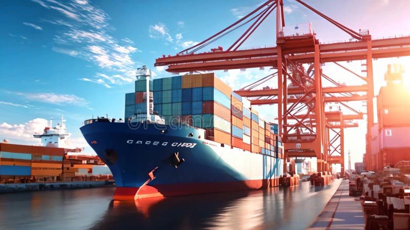 Container Cargo Freight Ship with Working Crane Bridge, Container Cargo ...