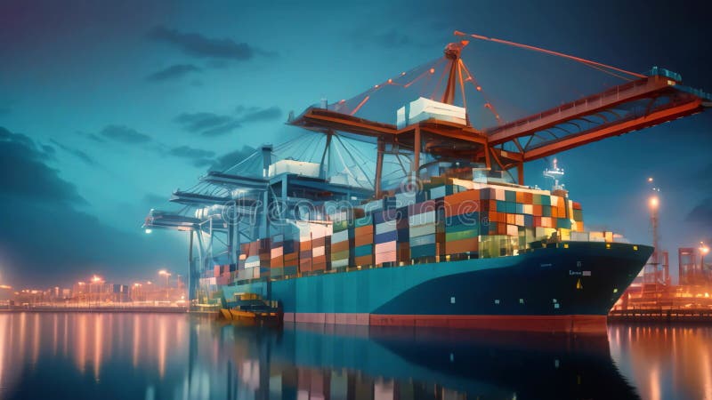 Container Cargo Freight Ship with Working Crane Bridge at Night ...