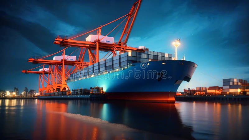 Container Cargo Freight Ship with Working Crane Bridge at Night ...
