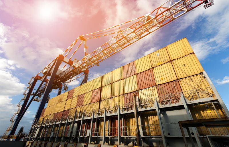 Container Cargo Freight Ship with Working Crane Bridge during Po Stock ...