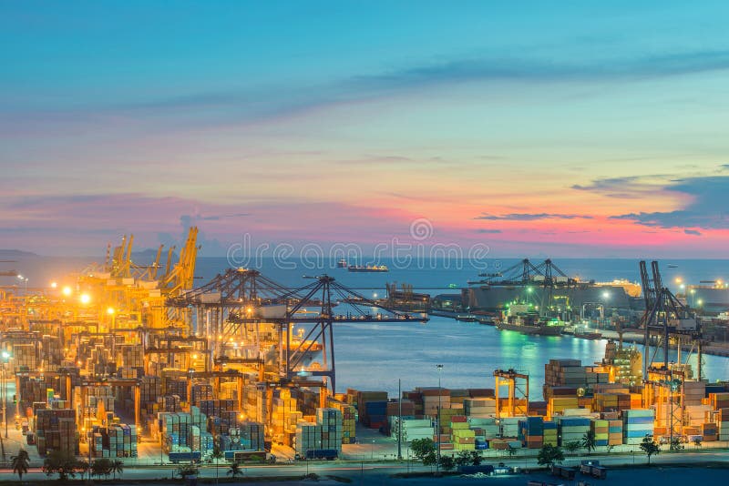 Container Cargo Freight Ship with Working Crane Bridge in Shipyard at ...