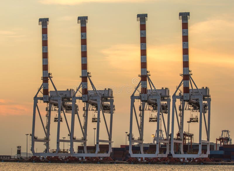 Container Cargo Freight Ship with Working Crane Bridge in Shipyard at ...