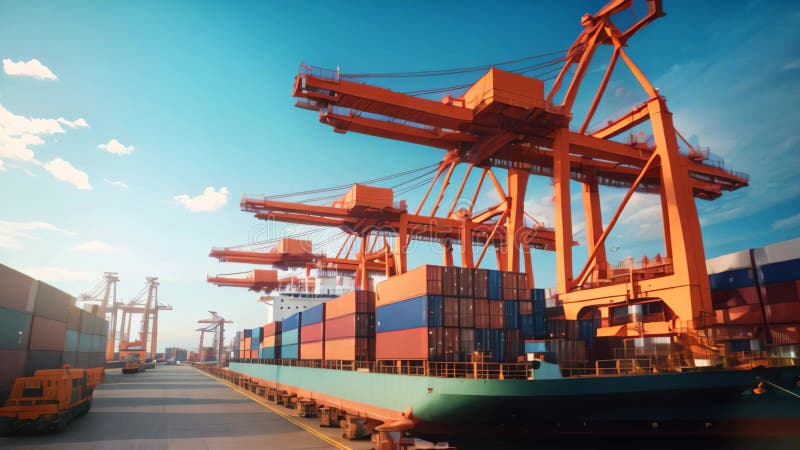 Container Cargo Freight Ship with Working Crane Bridge in Shipyard at ...