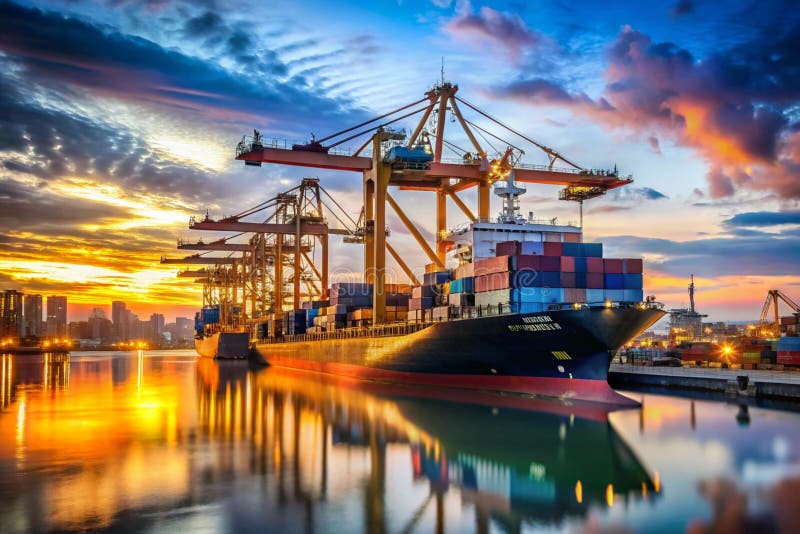 Container Cargo Freight Ship with Working Crane Bridge in Shipyard at ...