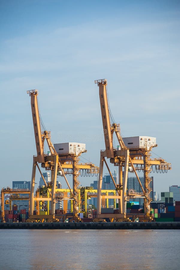 Container Cargo Freight Ship with Working Crane Bridge in Shipyard at ...