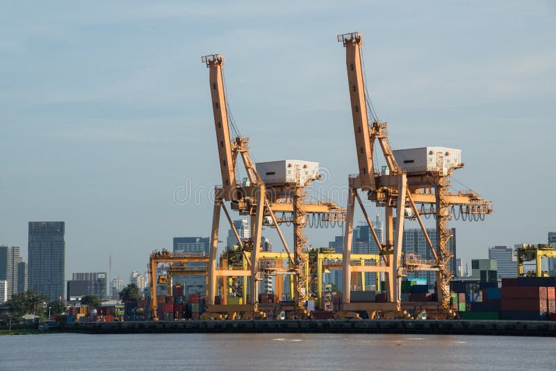 Container Cargo Freight Ship with Working Crane Bridge in Shipyard at ...