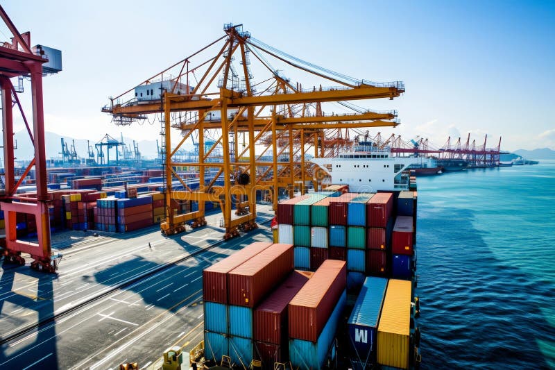 Container Cargo Freight Ship with Working Crane Bridge in Shipyard for ...