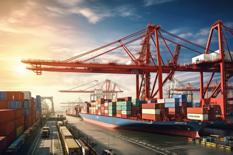 Container Cargo Freight Ship with Working Crane Bridge in Shipyard at ...