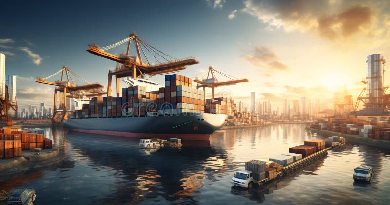 Container Cargo Freight Ship with Working Crane Bridge in Shipyard at ...