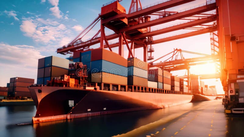 Container Cargo Freight Ship with Working Crane Bridge at Sunset for ...