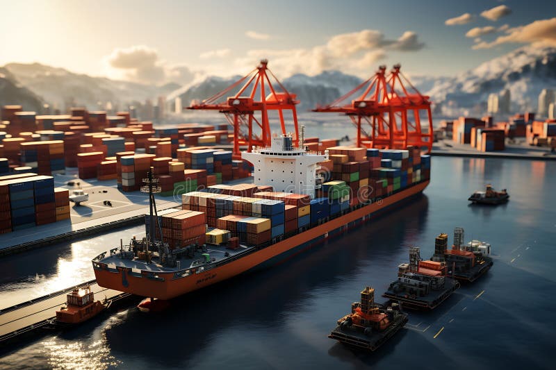 Container Cargo Freight Ship with Working Crane Bridge at Sunset for ...