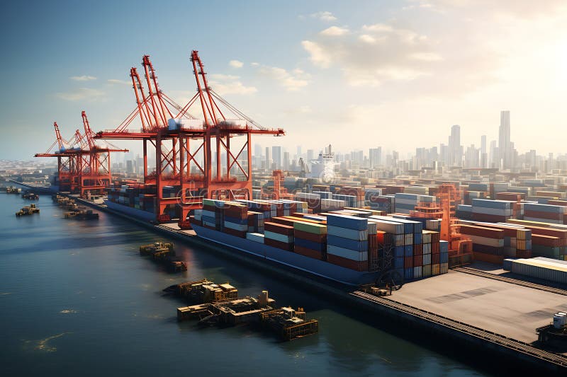 Container Cargo Freight Ship with Working Crane Bridge at Sunset for ...