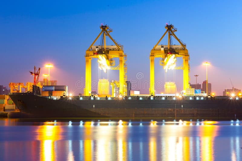 Container Cargo Freight Ship with Working Crane Loading Bridge I Stock ...