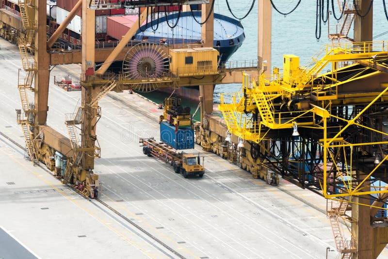 Container Cargo Freight Ship with Working Crane Loading Bridge I Stock ...