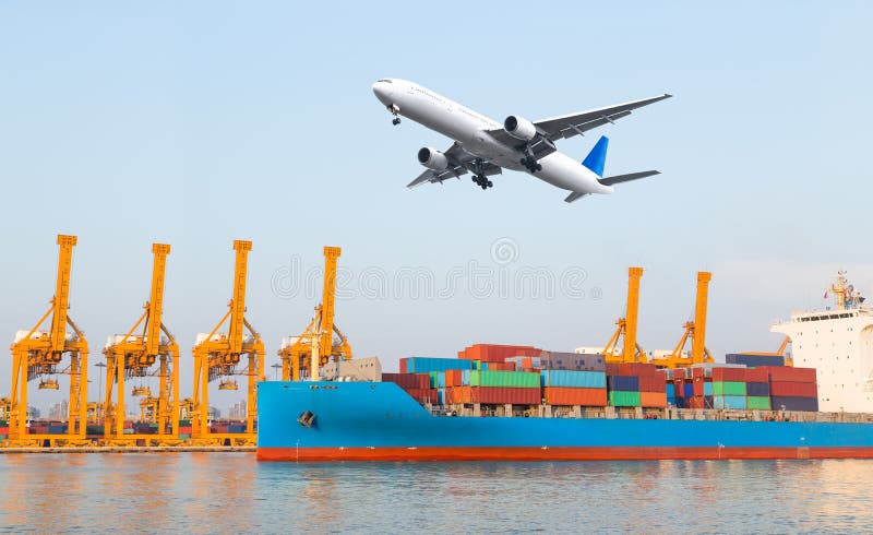 Container Cargo Freight Ship with Working Crane Loading Bridge Stock ...