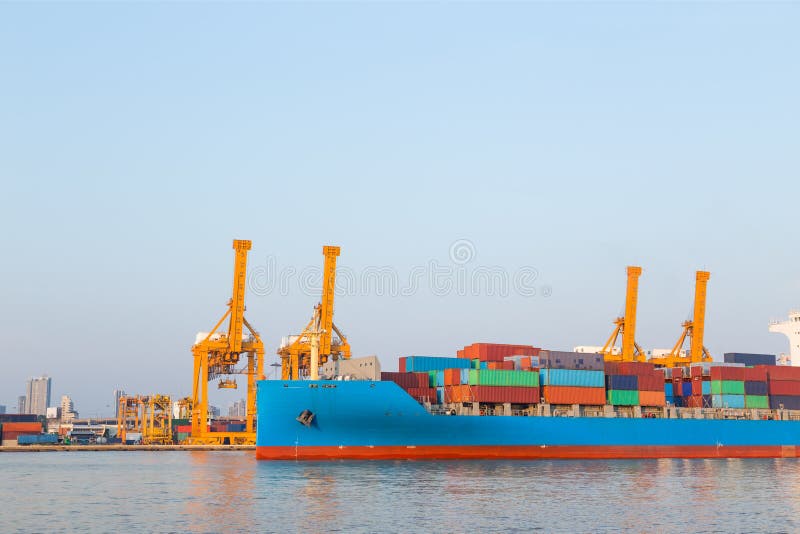Container Cargo Freight Ship with Working Crane Loading Bridge Stock ...
