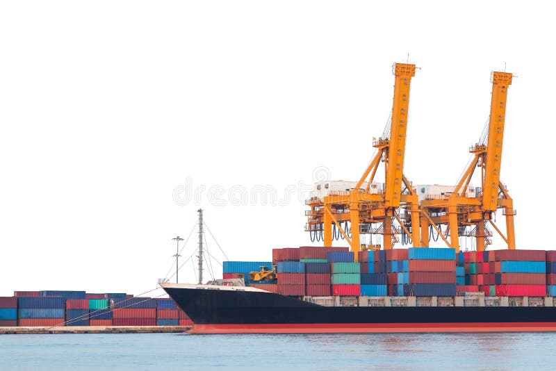 Container Cargo Freight Ship with Working Crane Loading Bridge Stock ...