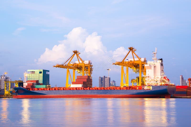 Container Cargo Freight Ship with Working Crane Loading Bridge Stock ...