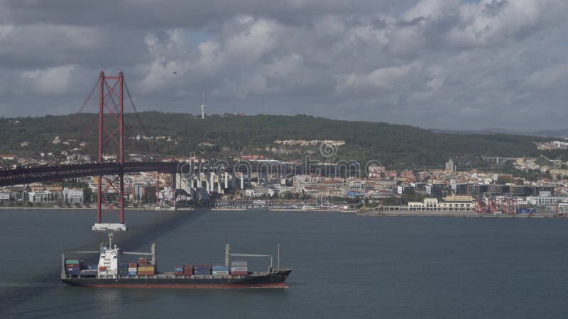 Container Cargo Ship Cross Under Bridge Stock Video - Video of ship ...