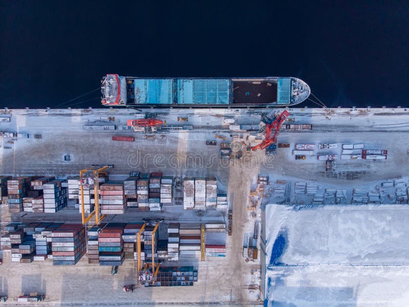 Container Cargo Ship Loading North Arctic Port. Concept Freight ...