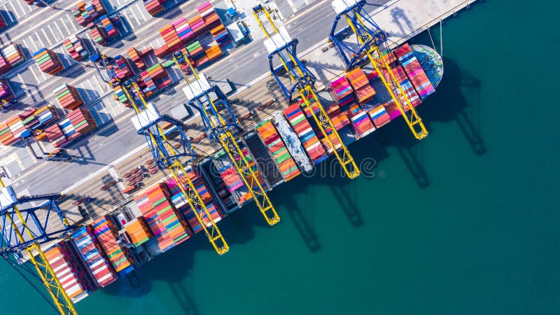 Container Cargo Ship Loading in a Port, Aerial Top View Container Cargo ...