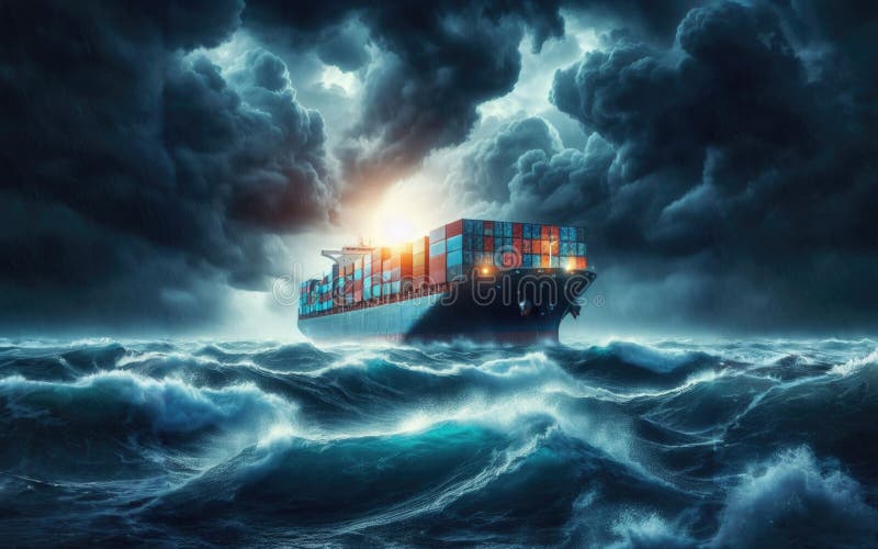 Container Cargo Ship in the Ocean Fighting Storm Stock Photo - Image of ...