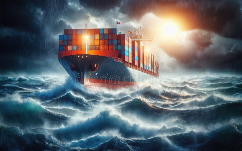 Container Cargo Ship in the Ocean Fighting Storm Stock Photo - Image of ...