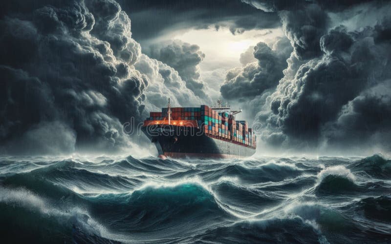 Container Cargo Ship in the Ocean Fighting Storm Stock Illustration ...