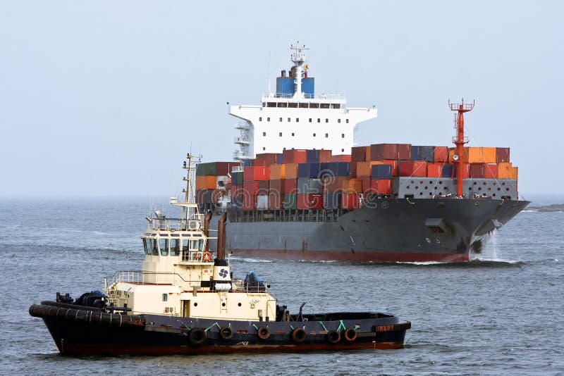 Container Cargo Ship with Ocean Tug Stock Photo - Image of port, bulk ...
