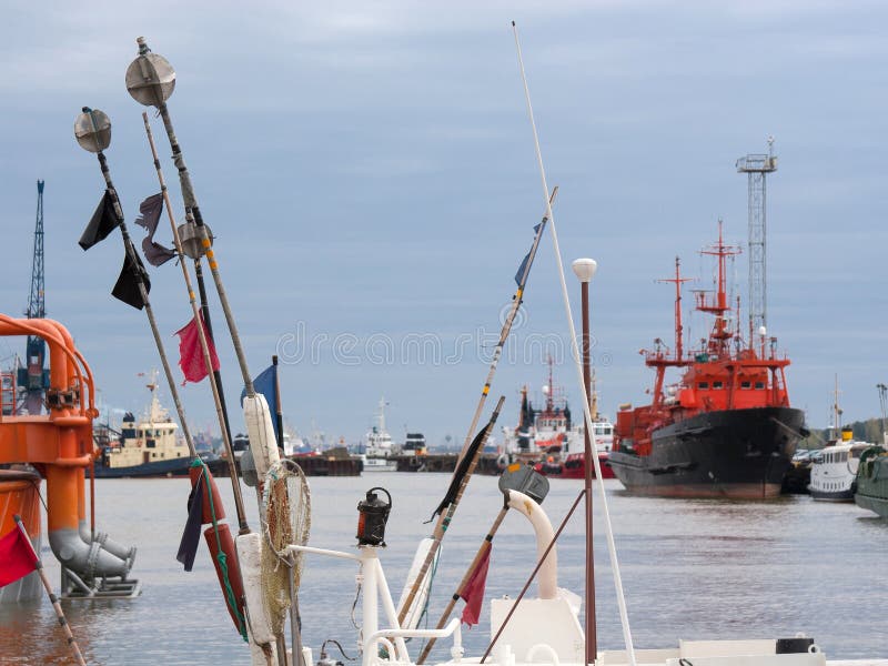 Container Cargo Ship and Other Sea Transport in Harbor Stock Image ...