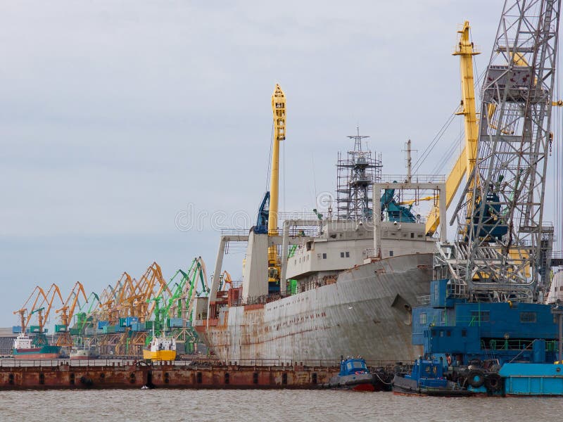 Container Cargo Ship and Other Sea Transport in Harbor Stock Image ...